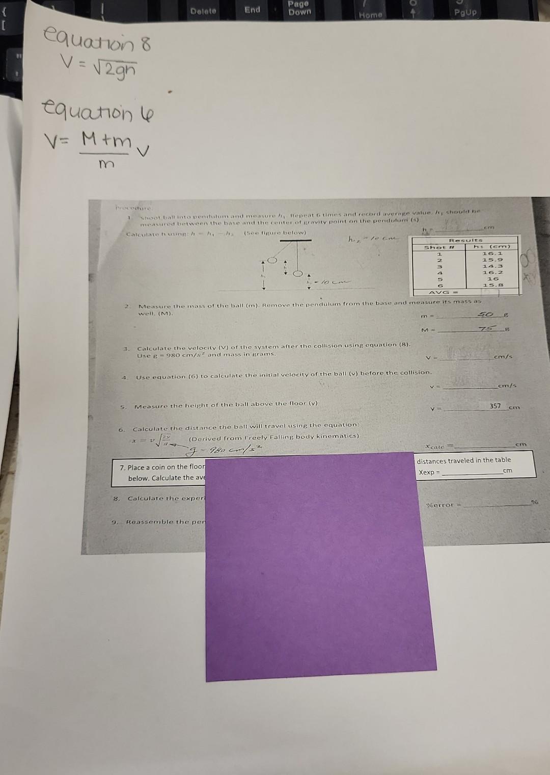 Solved V=2gh equation 6 V=mM+mV stwot ball into pendiblum | Chegg.com