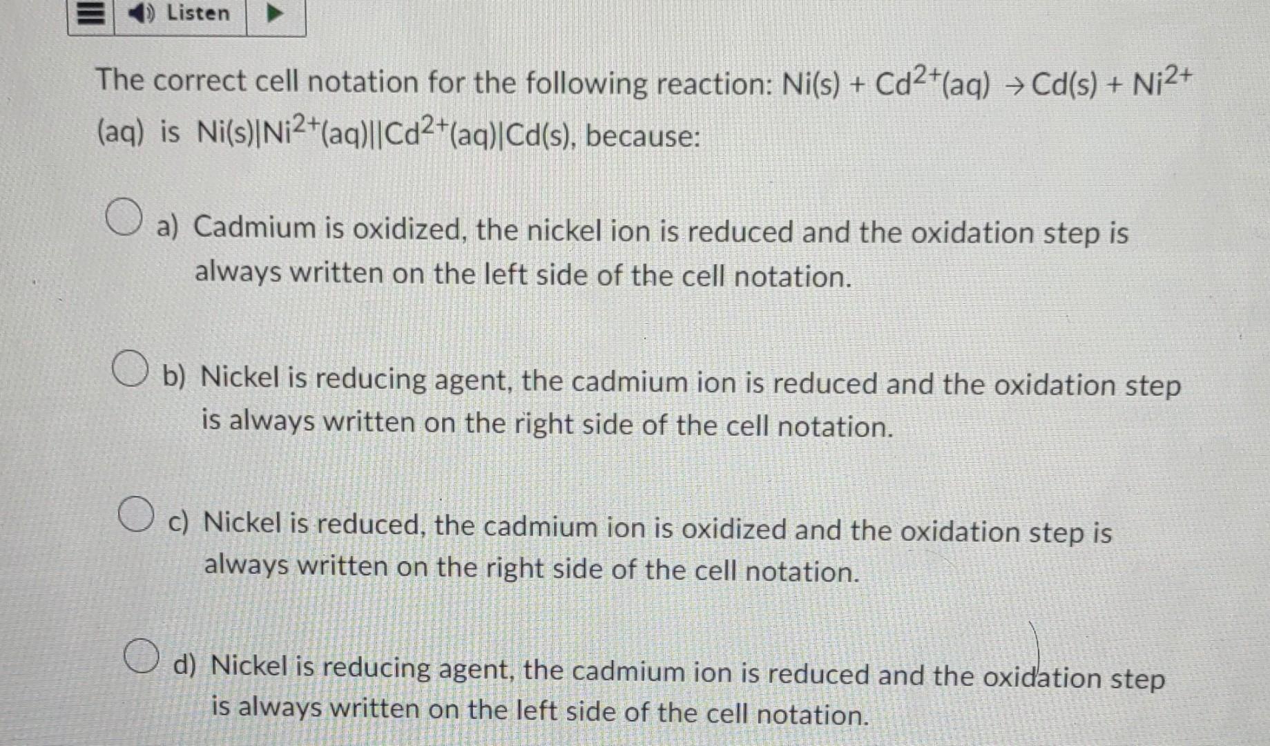 Solved The correct cell notation for the following reaction: | Chegg.com