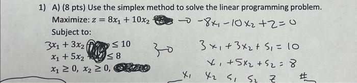 Solved 1) A) (8 pts) Use the simplex method to solve the | Chegg.com