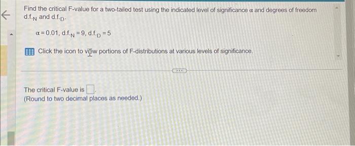 Solved Find the critical F-value for a two-tailed test using | Chegg.com
