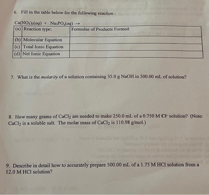 Solved 6. Fill in the table below for the following reaction | Chegg.com