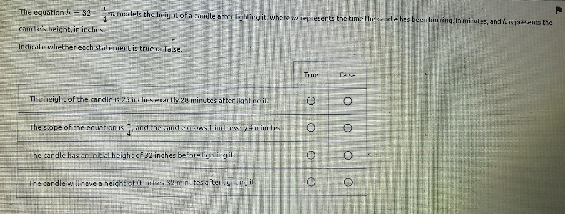Solved The equation h=32−41m models the height of a candle | Chegg.com