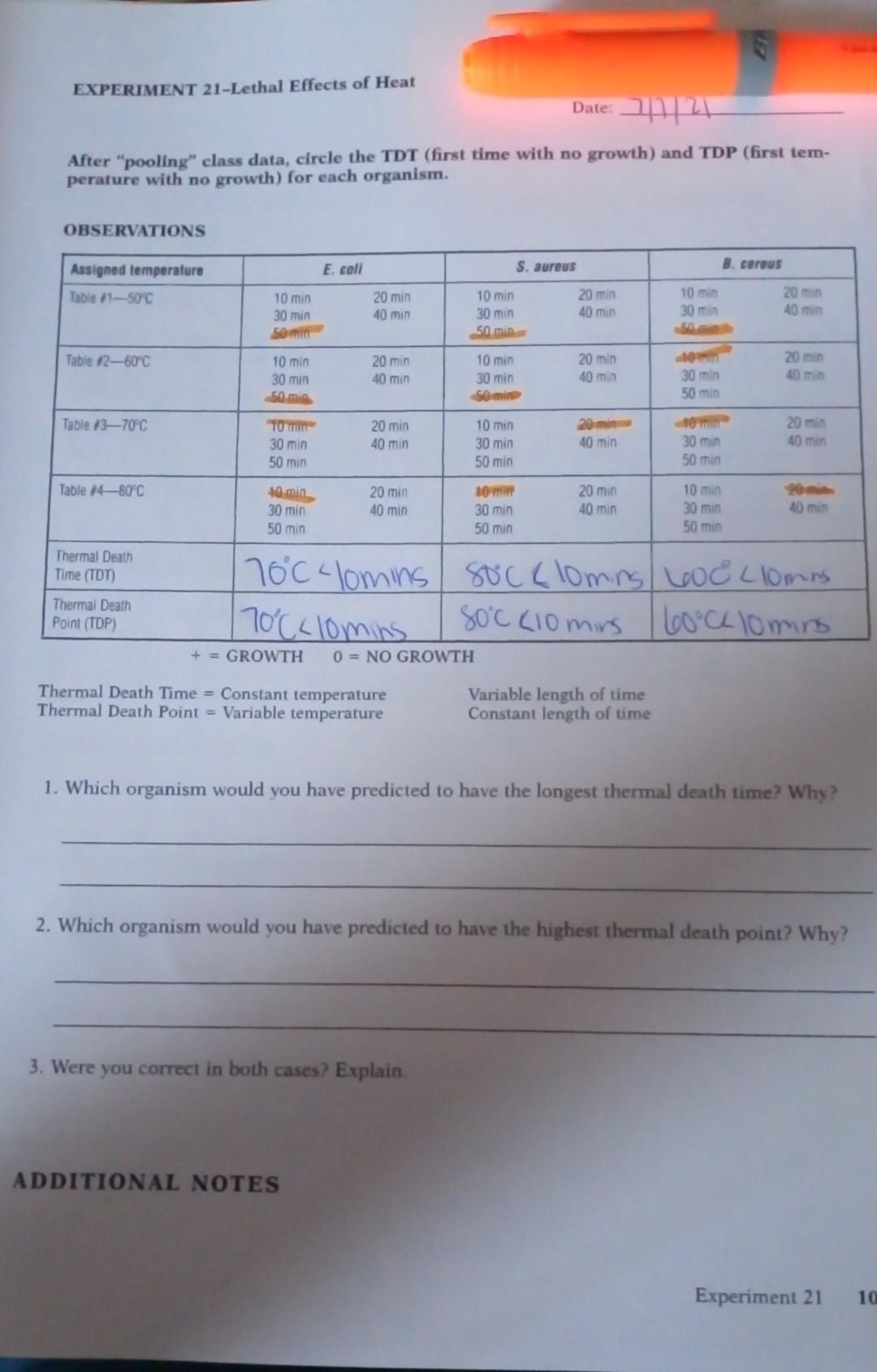 Solved EXPERIMENT 21-Lethal Effects of Heat Date: 21112 | Chegg.com