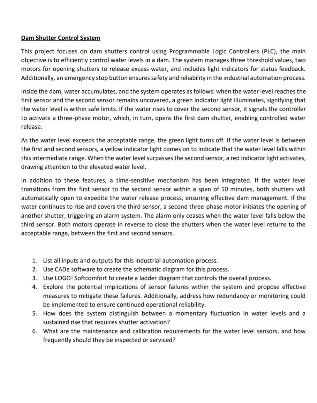 Solved Dam Shutter Control System This project focuses on | Chegg.com