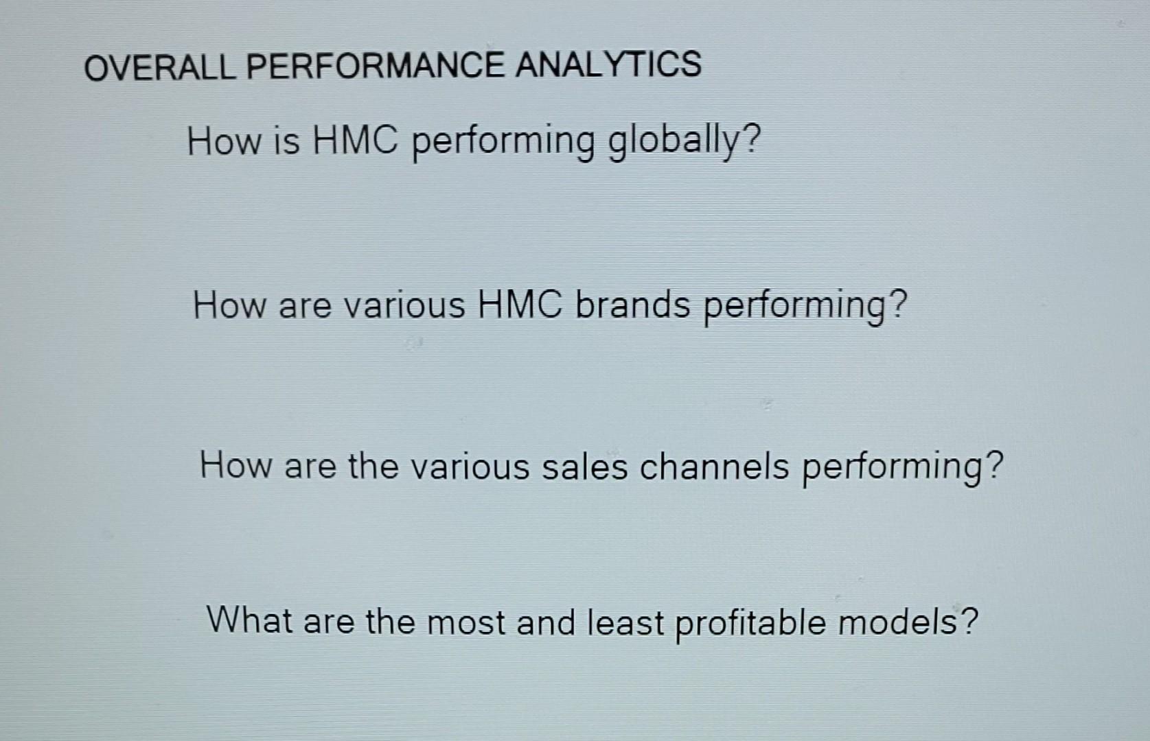 Solved OVERALL PERFORMANCE ANALYTICS How is HMC performing | Chegg.com