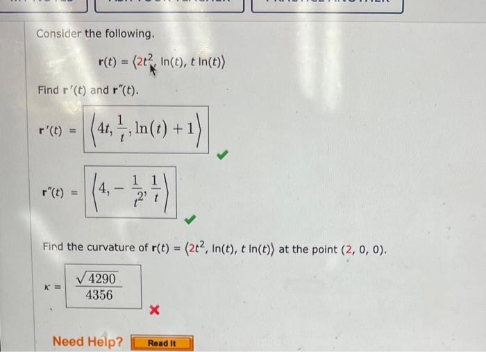 Solved Consider The Following R T 2t2 Ln T Tln T Find