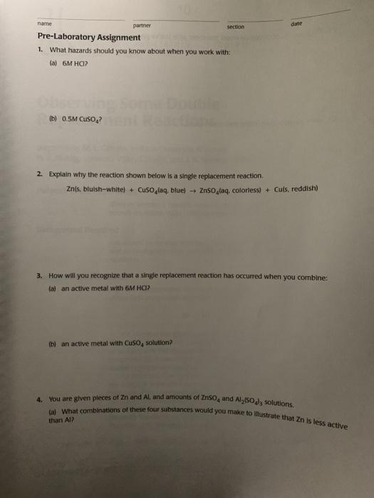 Solved name section date partner Pre-Laboratory Assignment | Chegg.com