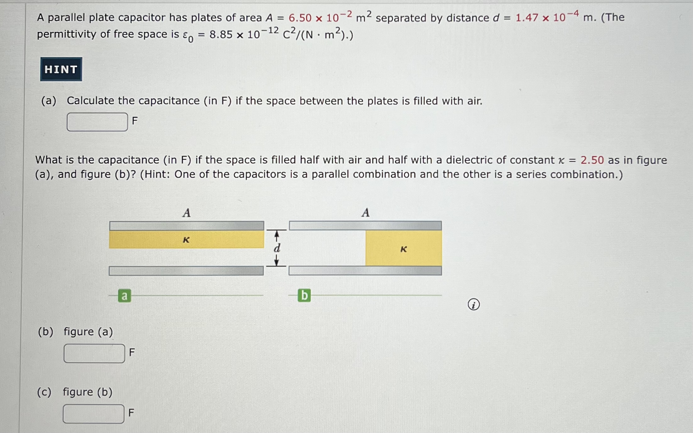 Solved A parallel plate capacitor has plates of area | Chegg.com