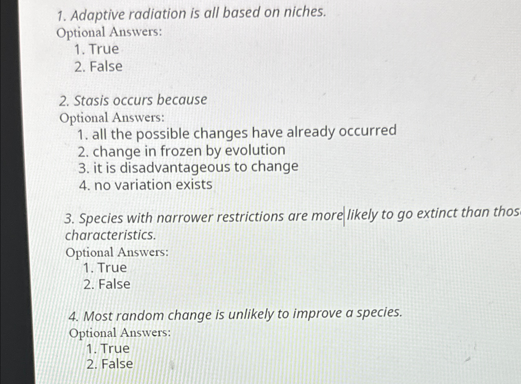 Solved Adaptive radiation is all based on niches. Optional | Chegg.com