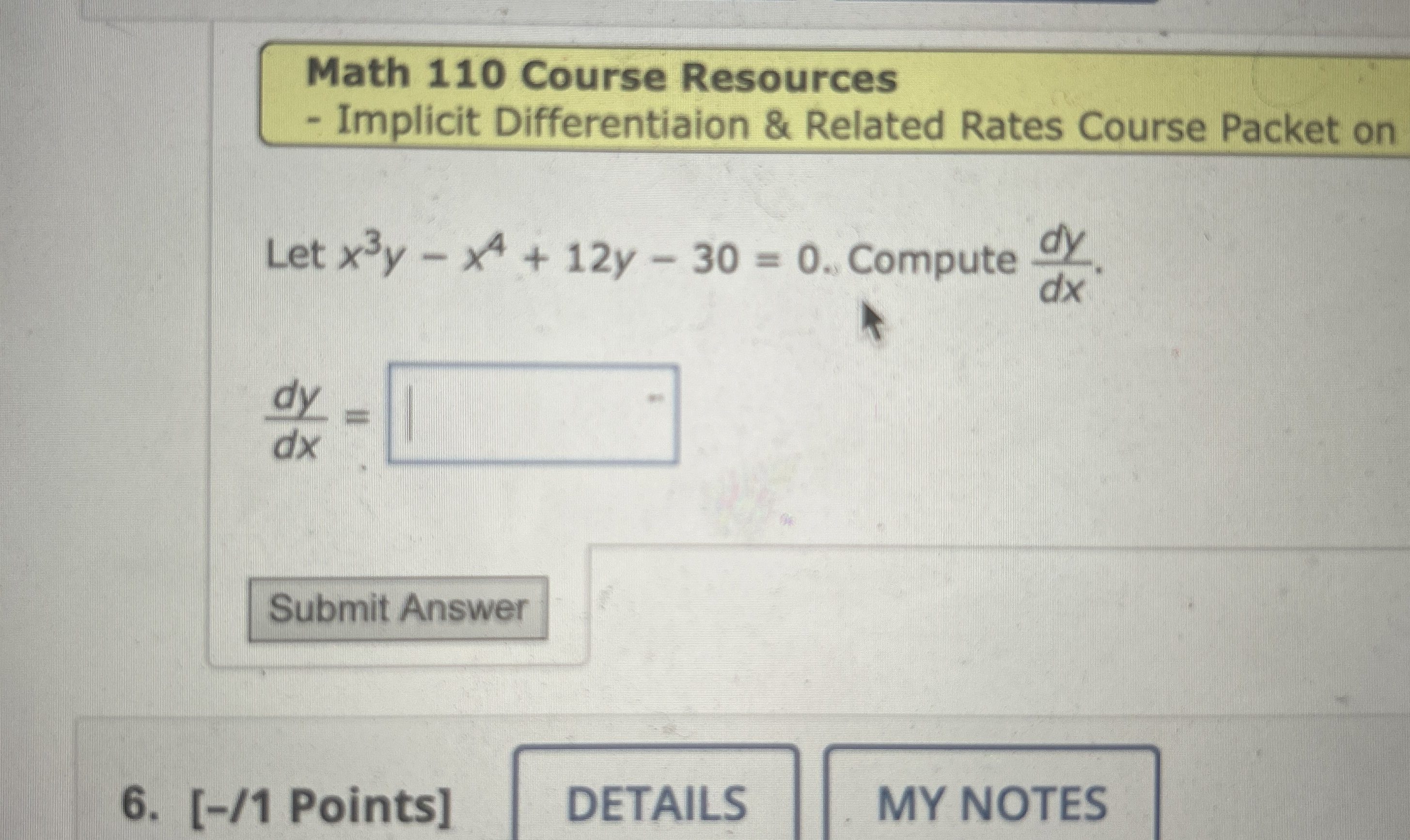 Solved Math 110 ﻿Course ResourcesImplicit Differentiaion & | Chegg.com