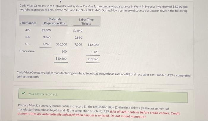 Solved Carla Vista Company uses a job order cost system. On | Chegg.com