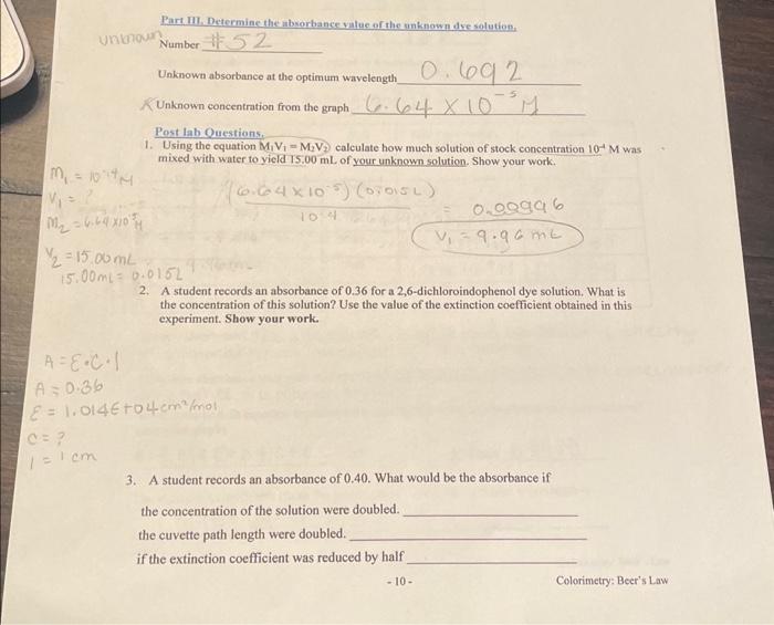 Solved Part III. Determinc the absorbance value of the | Chegg.com
