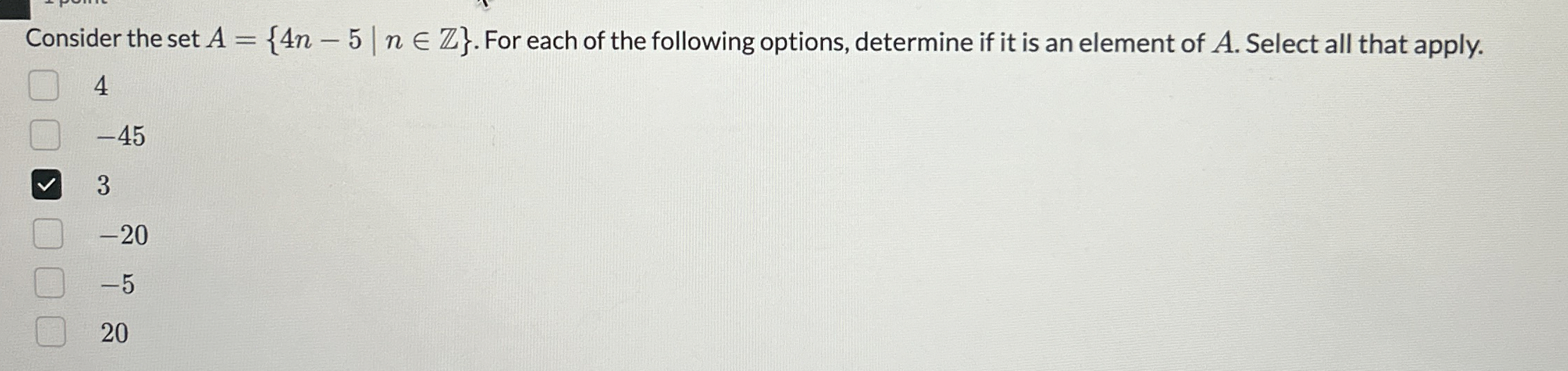 Solved Consider the set A={4n-5|ninZ}. ﻿For each of the | Chegg.com