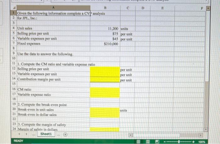Solved CVP Analysis using Excel's Basic Math Functions JPL. | Chegg.com
