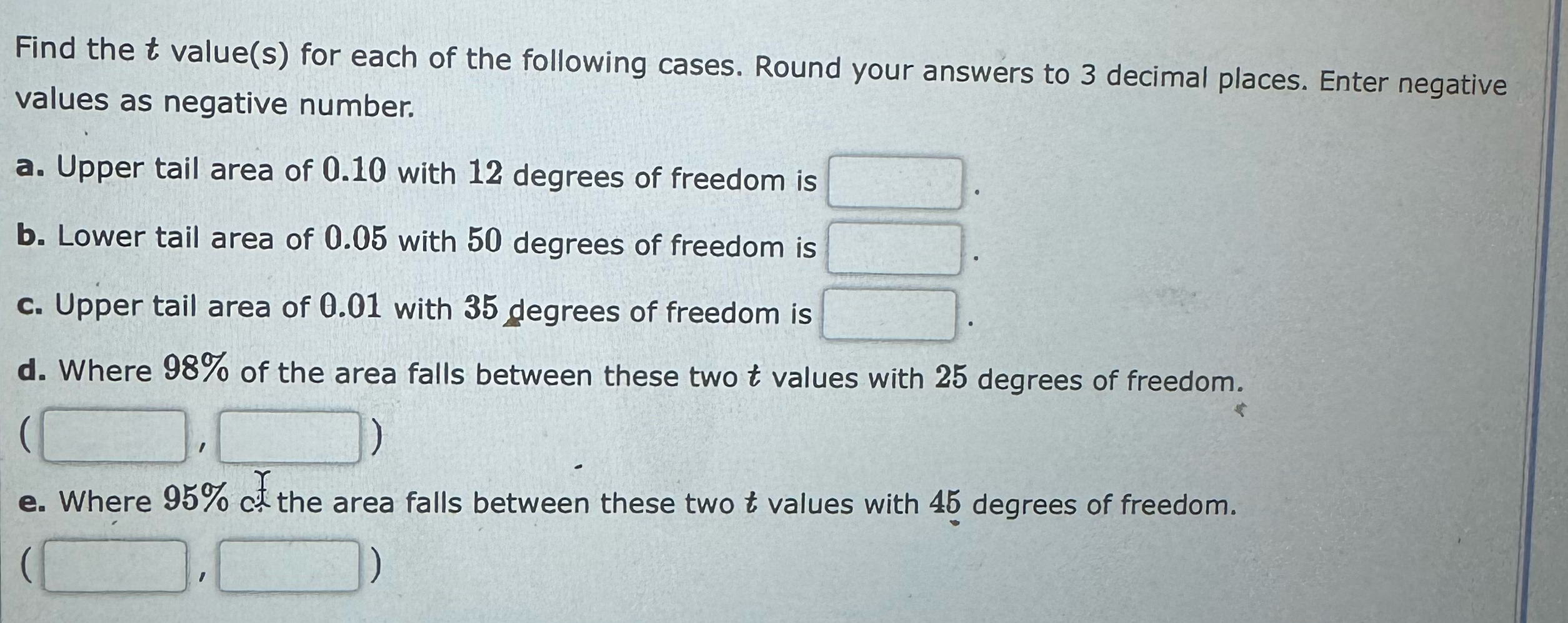 Solved Find the t ﻿value(s) ﻿for each of the following | Chegg.com