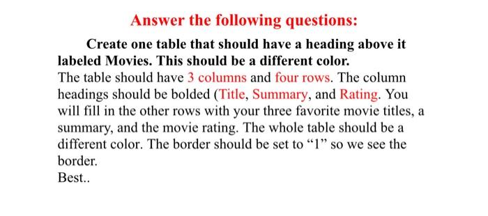 Solved Answer the following questions: Create one table that | Chegg.com