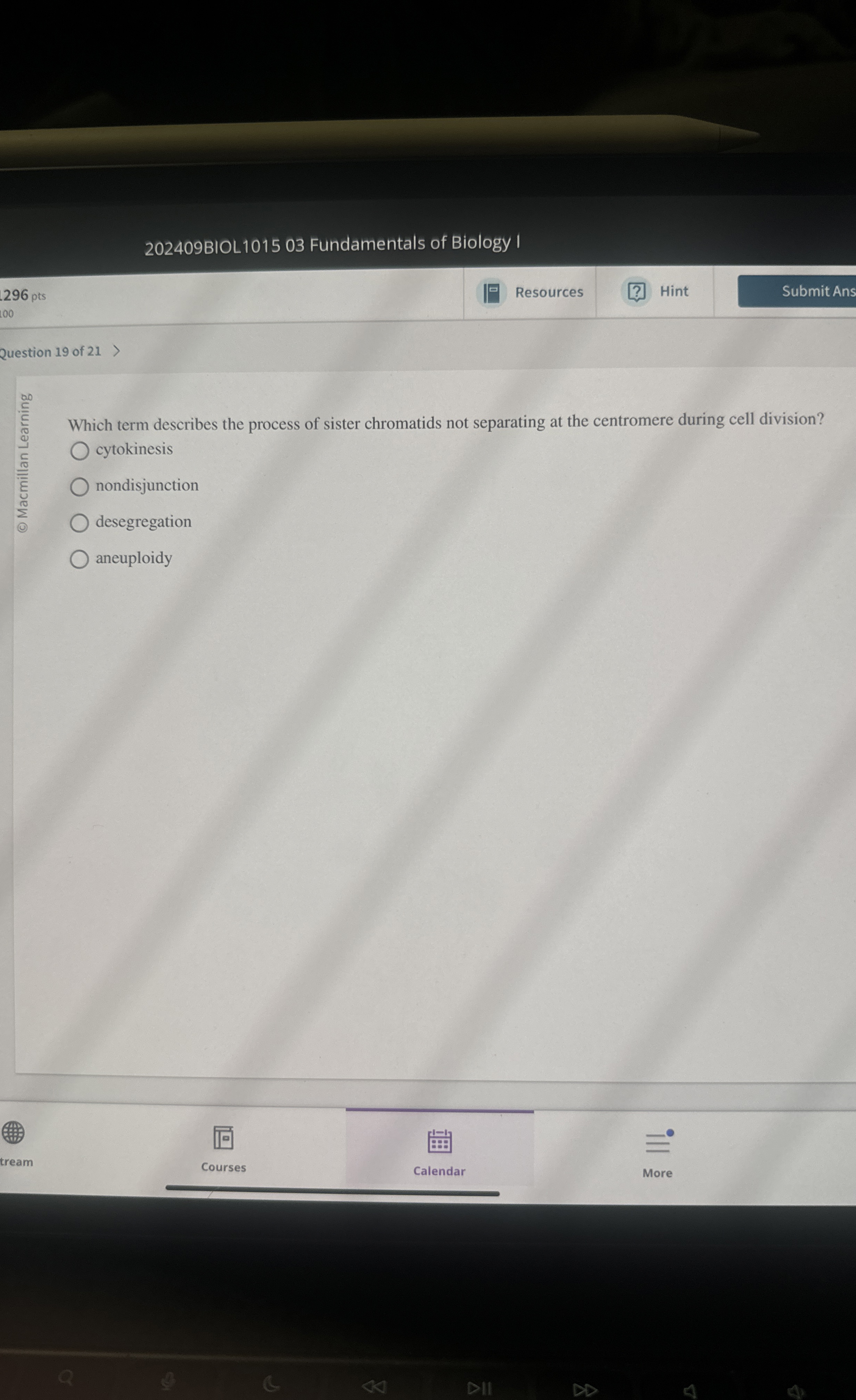 Solved 202409BIOL1015 03 ﻿Fundamentals of Biology I296 | Chegg.com