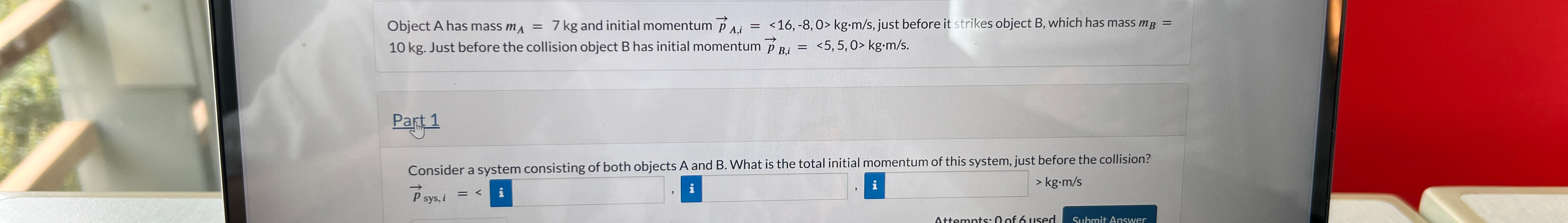 Solved Object A has mass mA=7kg ﻿and initial momentum | Chegg.com