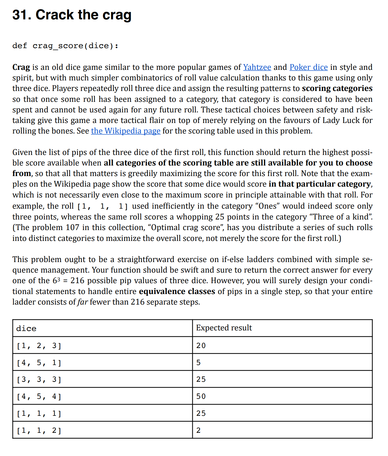 Solved Crack the cragdef crag_score(dice):Crag is an old | Chegg.com