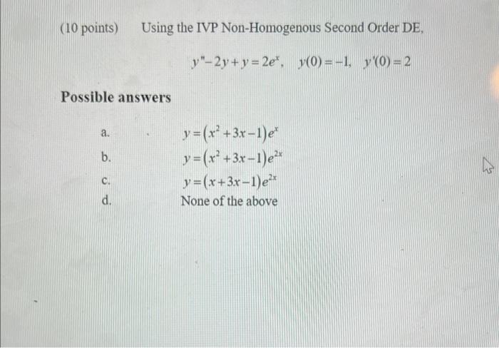 Solved (10 points) Using the IVP Non-Homogenous Second Order | Chegg.com