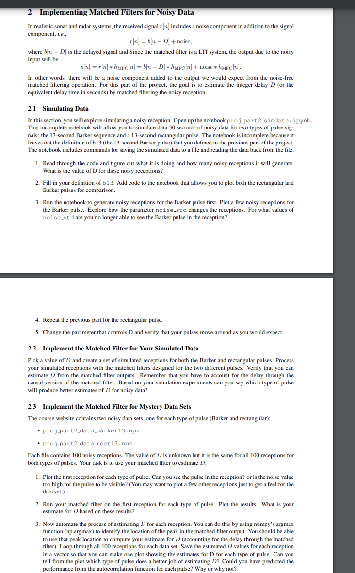 Solved 2 ﻿Implementing Matched Filters for Noisy DataIn | Chegg.com