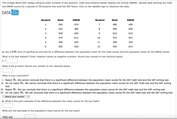 Solved The College Board SAT college entrance exam consists | Chegg.com