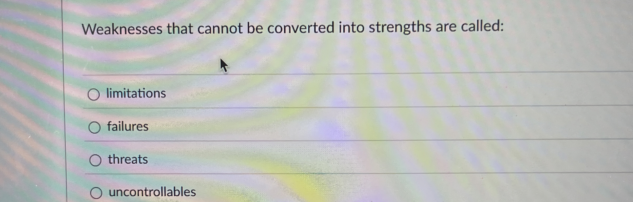 Solved Weaknesses that cannot be converted into strengths | Chegg.com