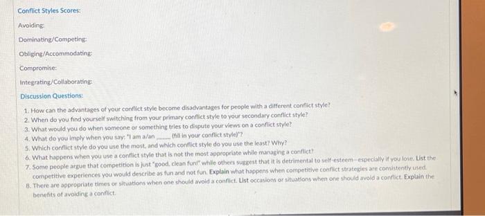 Solved Conflict Styles Scores: Awoidinge | Chegg.com