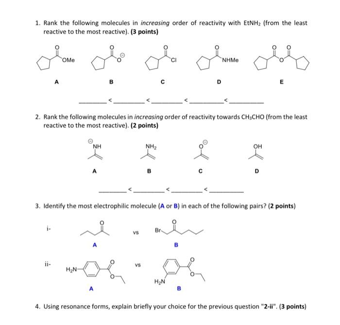 Solved 1. Rank the following molecules in increasing order | Chegg.com