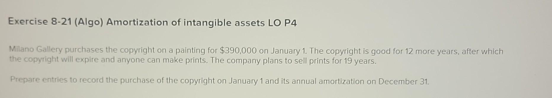 Solved Exercise 8-21 (Algo) Amortization of intangible | Chegg.com