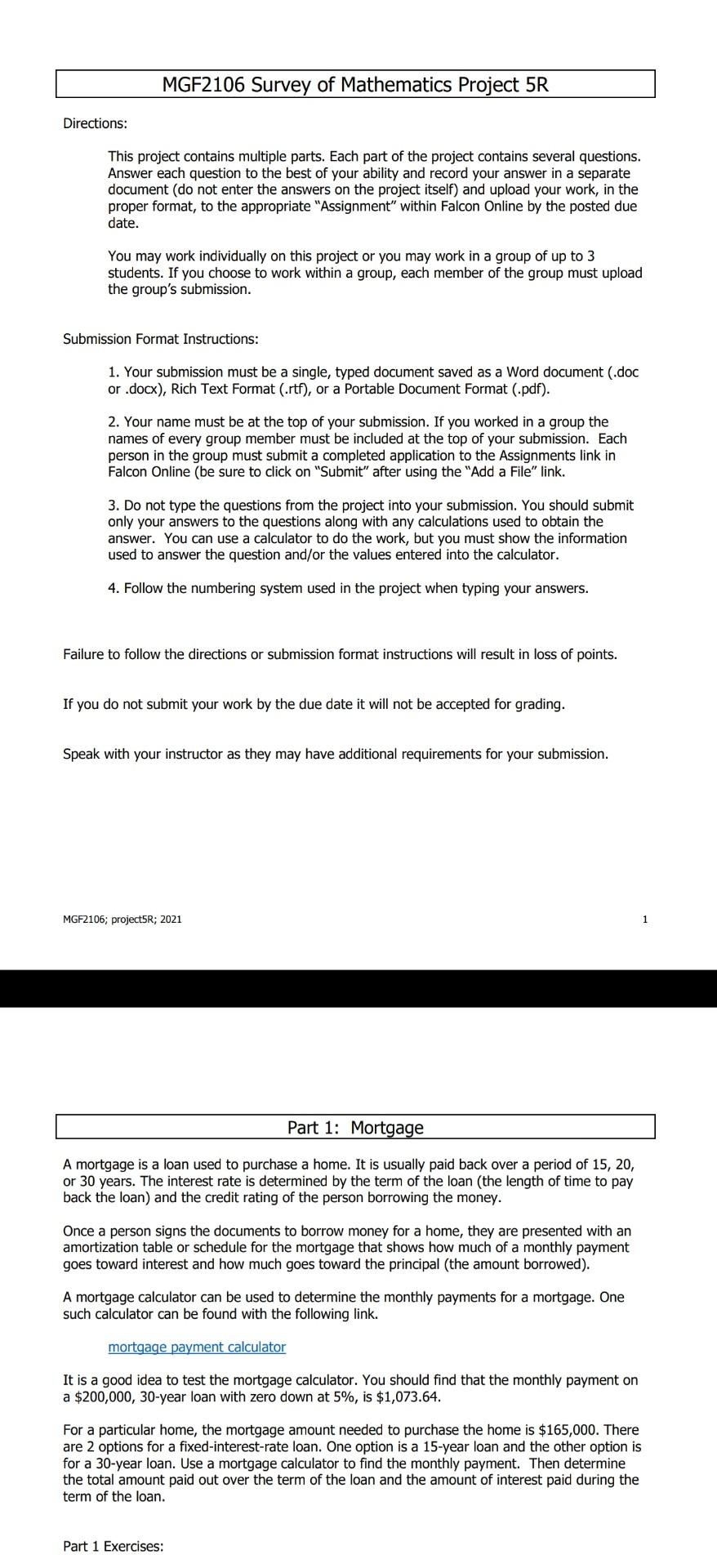 Solved MGF2106 Survey of Mathematics Project 5R Directions: | Chegg.com