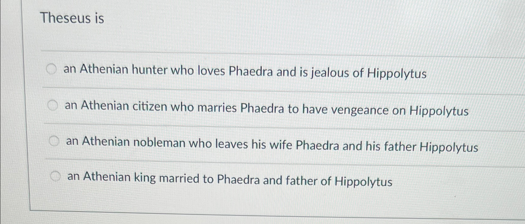 Solved Theseus isan Athenian hunter who loves Phaedra and is | Chegg.com