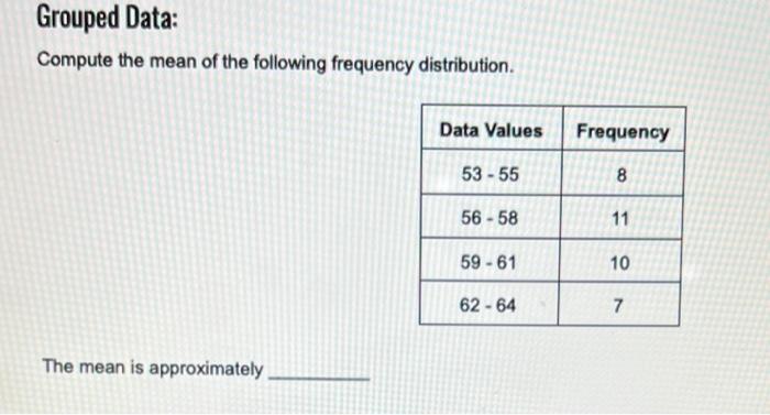 Solved Grouped Data: Compute the mean of the following | Chegg.com