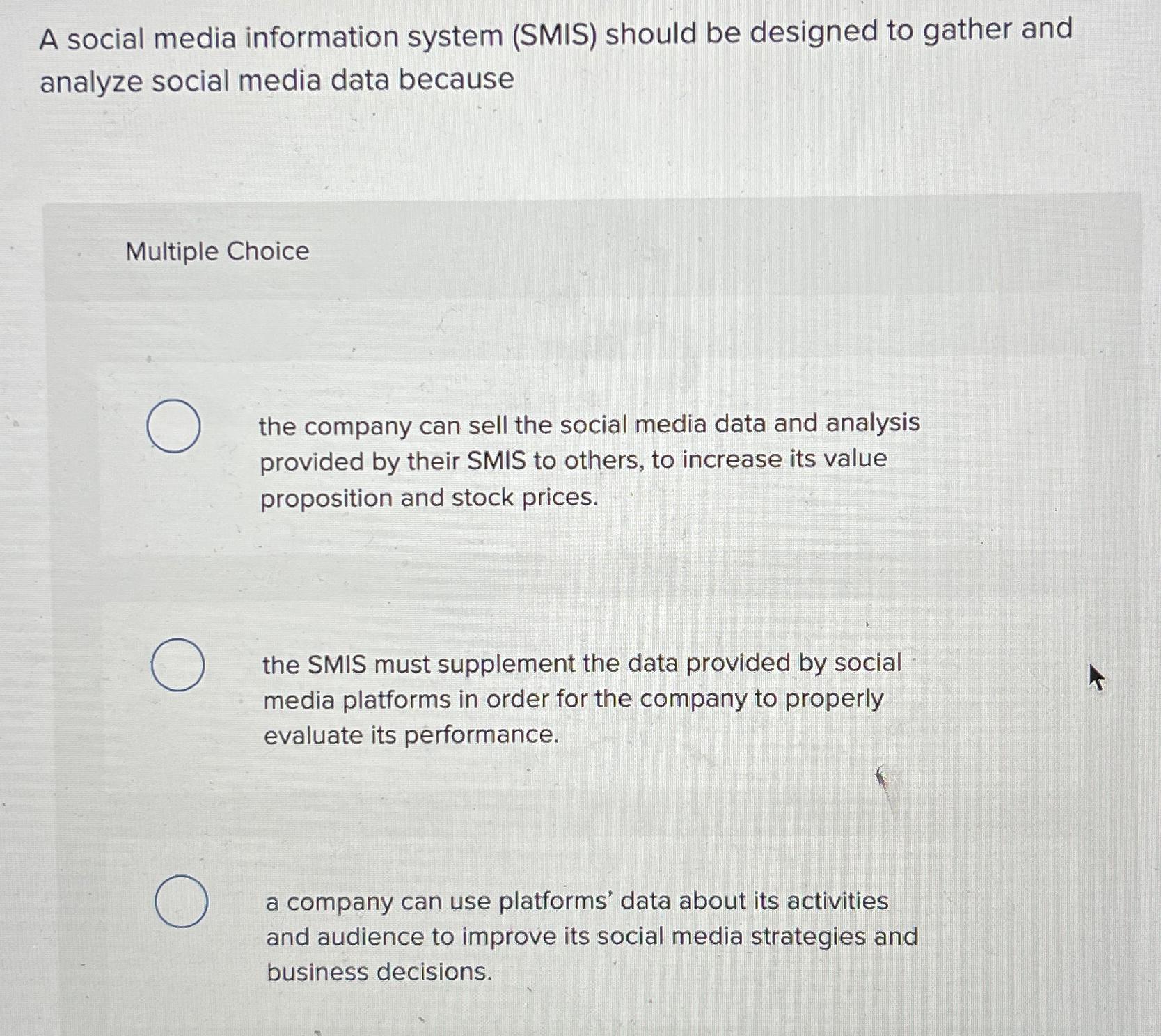 Solved A social media information system (SMIS) ﻿should be | Chegg.com