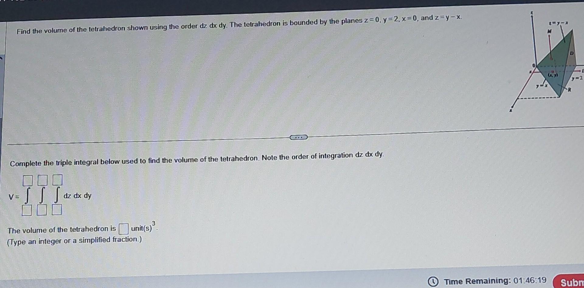 Solved Find the volume of the tetrahedron shown using the | Chegg.com