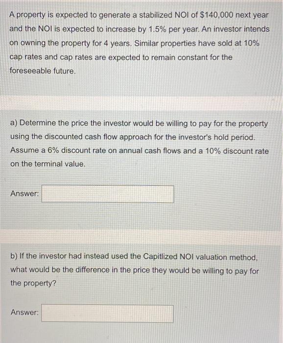 Solved A property is expected to generate a stabilized NOI | Chegg.com