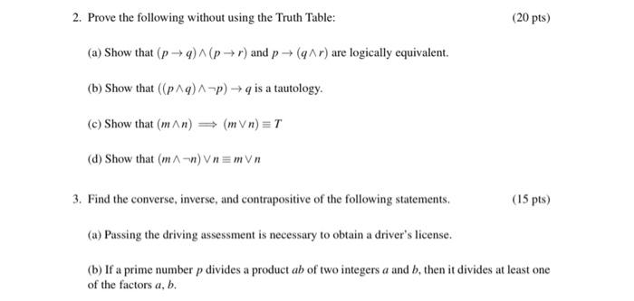 Solved 2. Prove the following without using the Truth Table: | Chegg.com