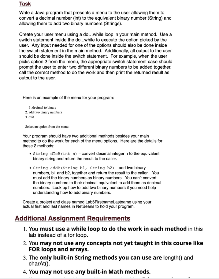 Solved TaskWrite a Java program that presents a menu to the | Chegg.com
