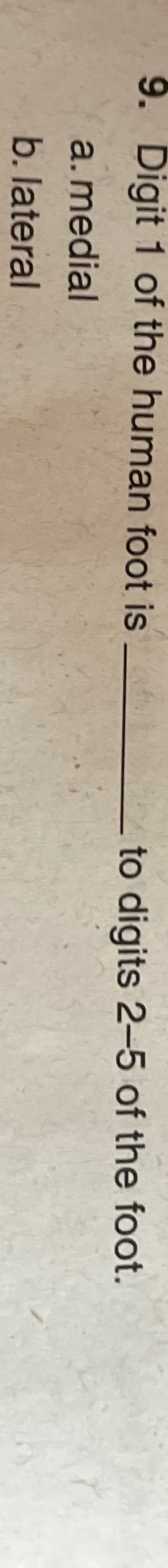 Solved Digit 1 ﻿of the human foot isa. ﻿medialto digits 2-5 | Chegg.com