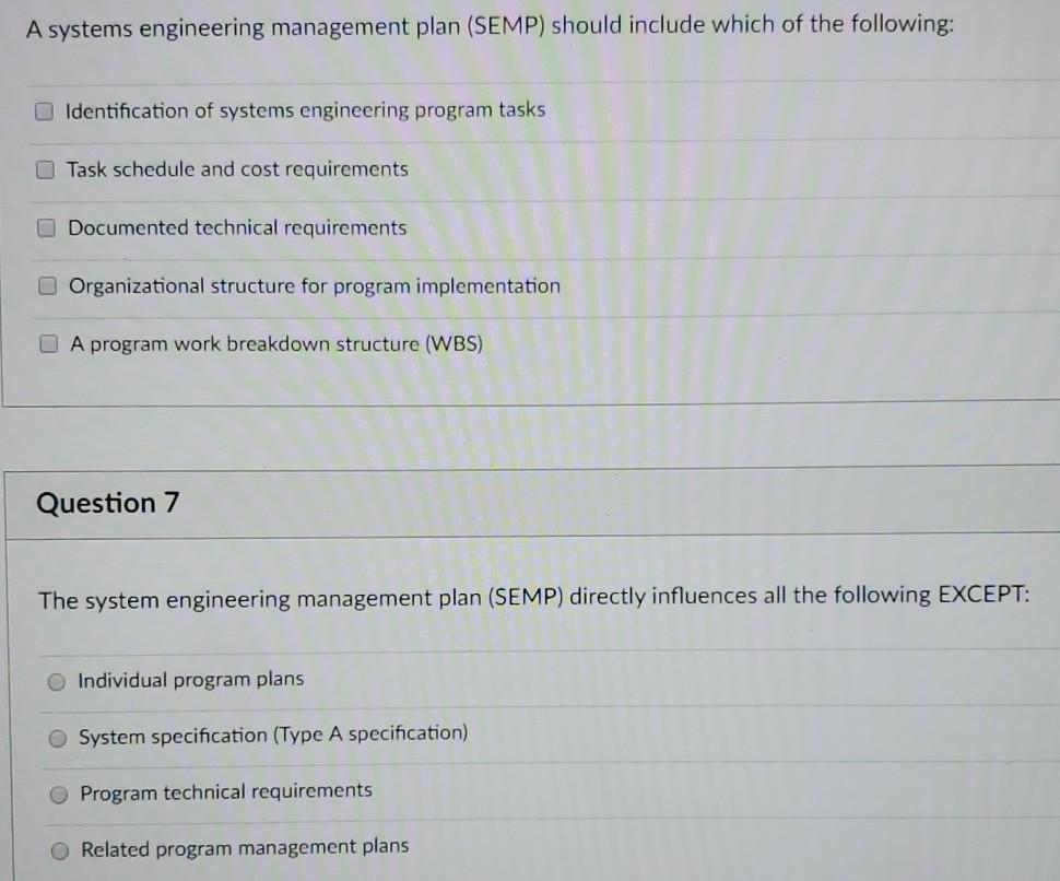 Solved A systems engineering management plan (SEMP) should | Chegg.com