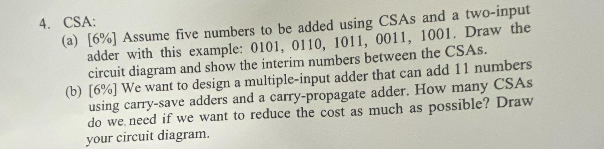 CSA:(a) 6% ﻿Assume five numbers to be added using | Chegg.com