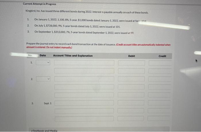 Solved Current Attempt in Progress Kingbird, Inc, has issued | Chegg.com