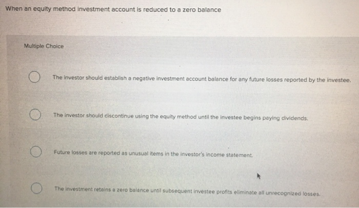 Solved When an equity method investment account is reduced | Chegg.com