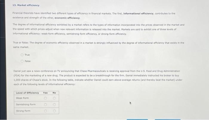 Solved 13. Market efficiency Financial theorists have | Chegg.com