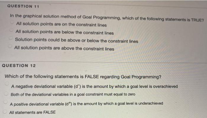 Solved QUESTION 11 In the graphical solution method of Goal | Chegg.com