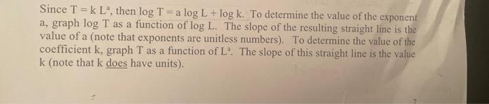 Since T=kLa, then logT=alogL+logk. To determine the | Chegg.com