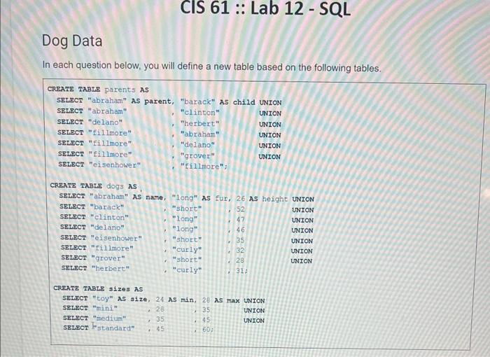 Solved Dog Data In each question below, you will define a | Chegg.com
