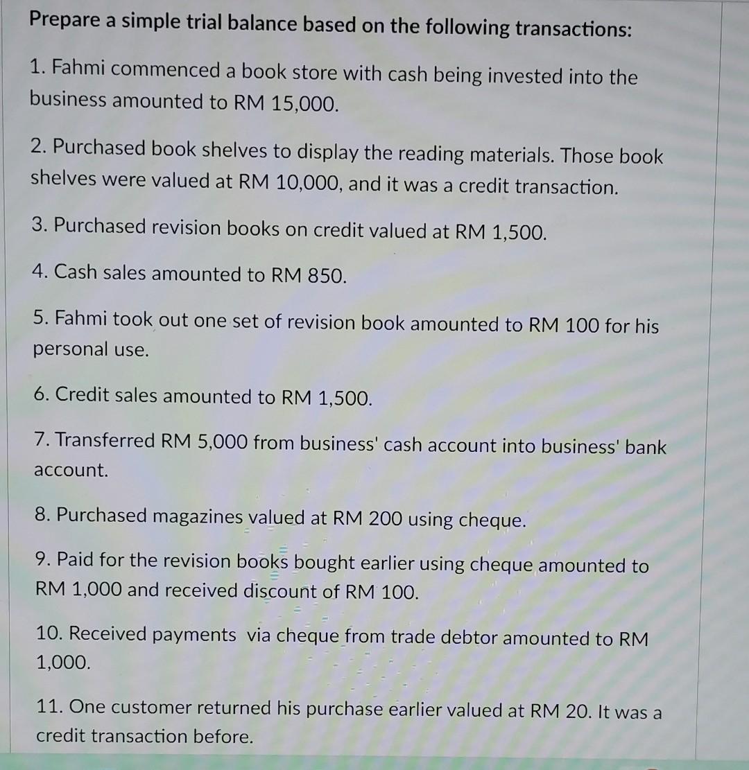 Solved Prepare a simple trial balance based on the following | Chegg.com