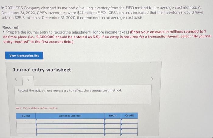 Solved In 2021, CPS Company changed its method of valuing | Chegg.com