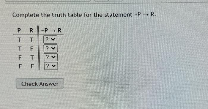 Solved Complete the truth table for the statement ∼P→R. | Chegg.com